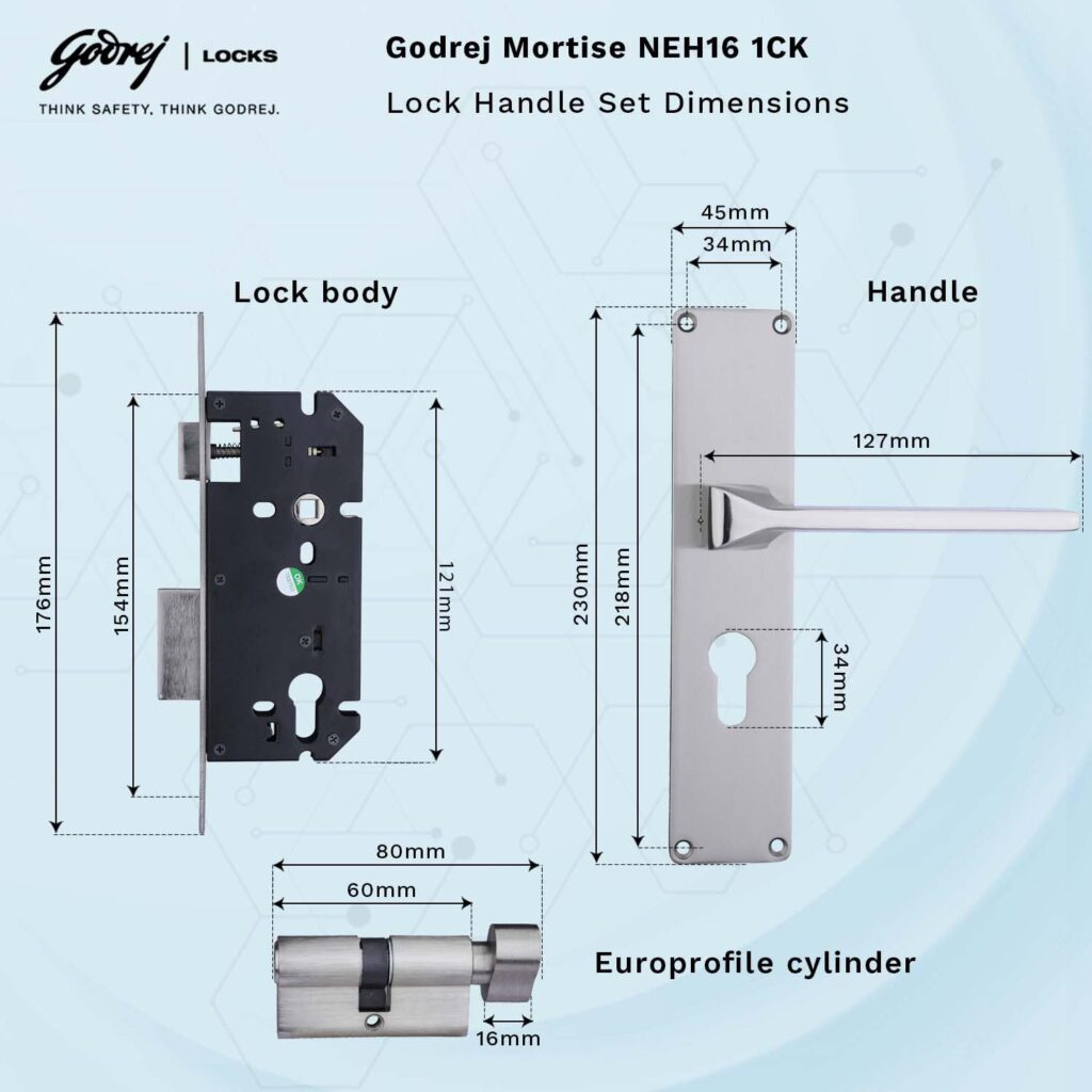 Godrej Mortise Door Lock Handle Set – 200mm NEH-16 1CK Europrofile, 5 Pin Brass Tumbler, Satin ...