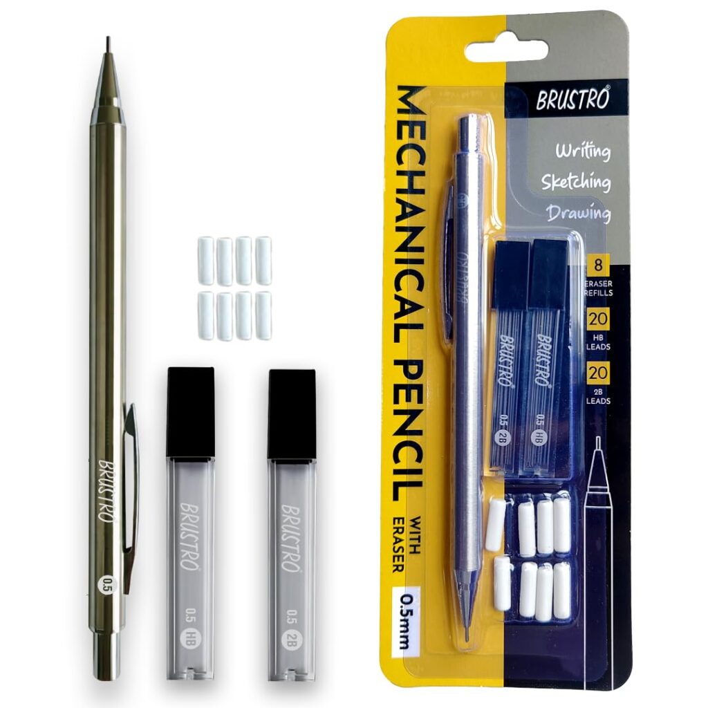 BRUSTRO Mechanical Pencil Set | HB-20 leads, 2B-20 leads, Spare eraser ...
