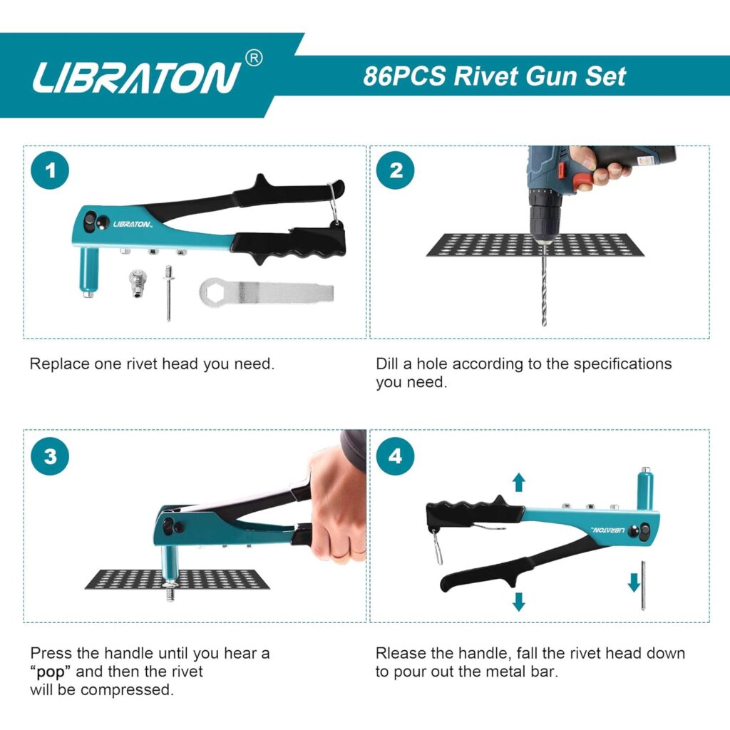 Libraton Heavy Duty Rivet Gun Kit with 80 Rivets & 4 Drill Bits – Hand ...