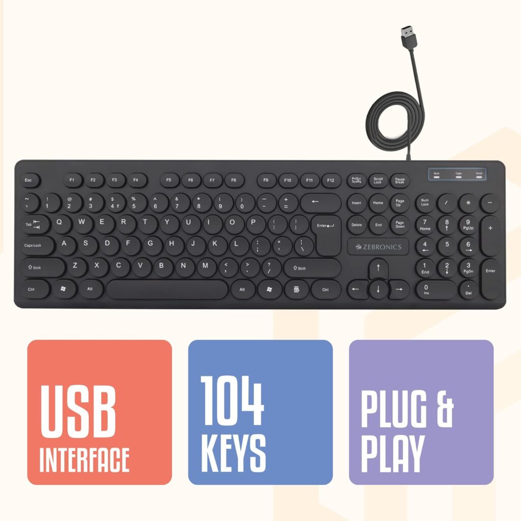 Zebronics K24 Wired USB Keyboard, 104 Keys, Long Life 8 Million ...